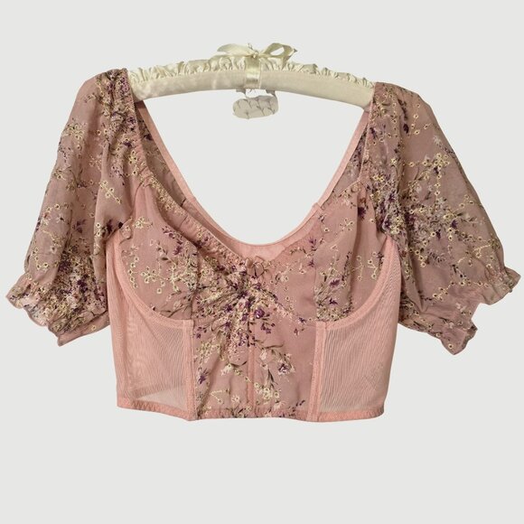 None | Tops | Cottagecore Pink Mesh Floral Corset Puff Sleeve Top L ...